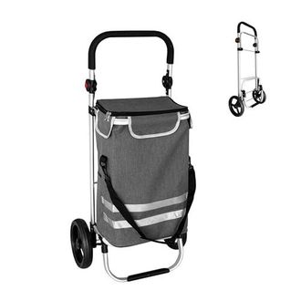 Relaxdays Einkaufstrolley, 2 gro&szlig;e R&auml;der, K&uuml;hlfach, abnehmbare Tasche, 45 l, bis 35 kg, Einkaufswagen klappbar, grau