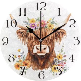 Mnsruu Entz&uuml;ckende Wanduhr mit Hochlandkuh, Blumenmuster, f&uuml;r Wohnzimmer, leise, nicht tickende runde Uhr, 25 cm, leicht zu lesende Uhren, K&uuml;che, Zuhause, de
