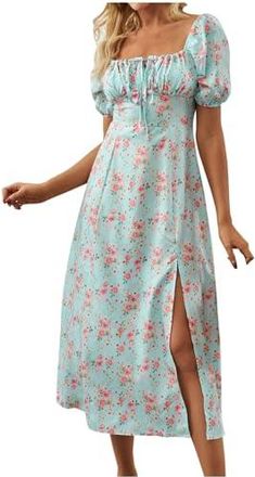 Generic Robes amincissantes d&eacute;t&eacute; 2026 pour femmes, imprim&eacute; floral, coupe ajust&eacute;e, col carr&eacute;, ourlet fendu, robe boh&egrave;me l&eacute;g&egrave;re, bleu clair, XXL