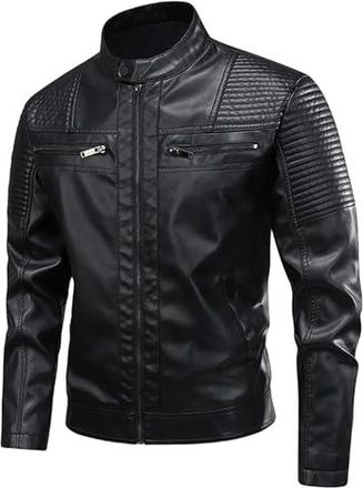 Generic Blouson de moto en cuir pour homme, blouson de moto style caf&eacute; racer en similicuir, noir, taille XXL