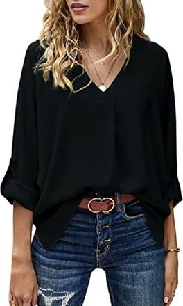 ORANDESIGNE Chemisier Femme Manches Longues Blouse en Mousseline Col V Couleur Unie Chemisie Élégant en Mousseline De Soie Top Chic Printemps Été Haut Tunique B N