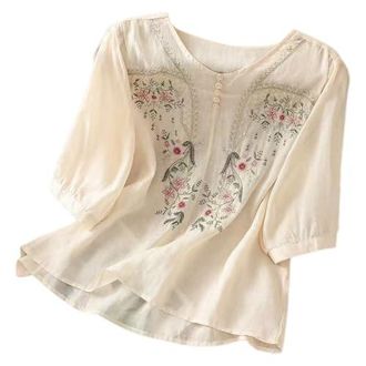 Generic T-shirt pour femme printemps nouveau style ethnique r&eacute;tro temp&eacute;rament broderie ample et confortable Chemise fine &agrave; manches longues Top, beige, XXL
