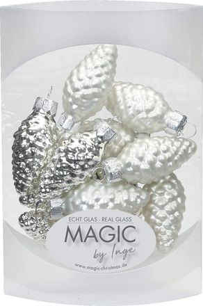 Magic Bodyfashion Magic 12 Zapfen 4,5 cm Glas Weihnachtsschmuck Weihnachtsdeko Christbaumkugeln Christbaumschmuck 45mm, Farbe: Silber Glanz/weiß matt