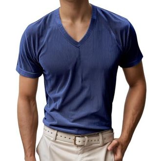 Generic T-shirt pour homme en velours c&ocirc;tel&eacute; avec col en V, manches courtes, ample et d&eacute;contract&eacute;, bleu, 3XL