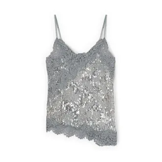 Motivi Femme, Tops, Gris, Taille: 38 FR Top en tulle &agrave; sequins et dentelle
