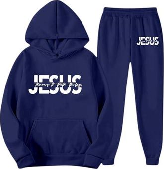 Generico Jesus Y2K Combinaison ample ample pour homme avec capuche avec impression alphab&eacute;tique &agrave; manches longues d&eacute;contract&eacute;e avec poche oversize douce, bleu,