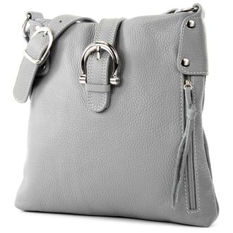 modamoda.de T04 - ital Umhängetasche Schultertasche aus Leder, Farbe:Grau
