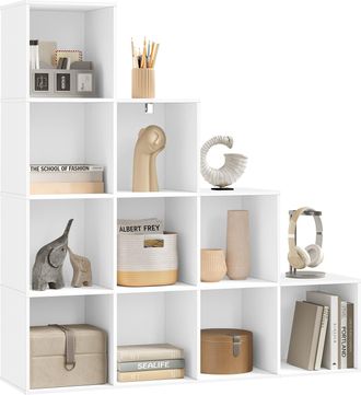 Woltu Bücherregal mit 10 Fächern, Regal offen, Würfelregal Stufenregal für Deko, Fotos, Pflanzen, Wohnzimmer Schlafzimmer Büro, Weiß, 120x120x30 cm