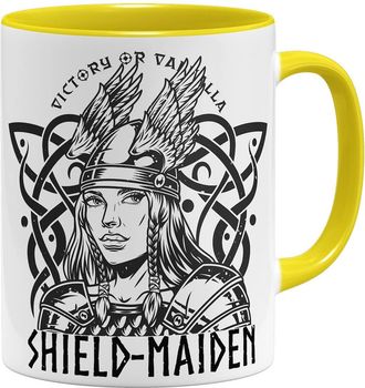 OM3 Wikinger Shield Maiden Kaffee-Tasse Kriegerin Schildmaid Valhalla or Die - Keramik Becher - 11oz 325ml - Beidseitig Bedruckt - Gelb