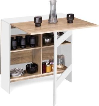 IDMarket Table Console Pliable EDI 2-6 Personnes avec rangements Bois Blanc Plateau fa&ccedil;on h&ecirc;tre 150 x 80 cm