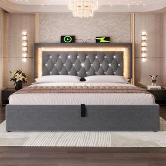 Liberte Lit coffre 160x200 velours gris, LED t&ecirc;te de lit diamant, USB/Type-C