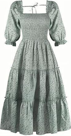 Ocean Plus Femme Robe Plissée Col Rond et Manches Bouffantes avec Volants et Manches Moyenne (XL (EU 40),Vert foncé)