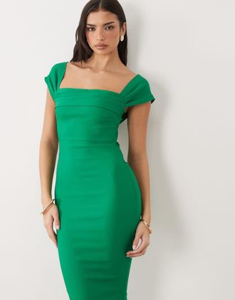 Vesper Robe moulante longueur mollet asym&eacute;trique en bengaline &agrave; encolure bardot - &Eacute;meraude-Vert