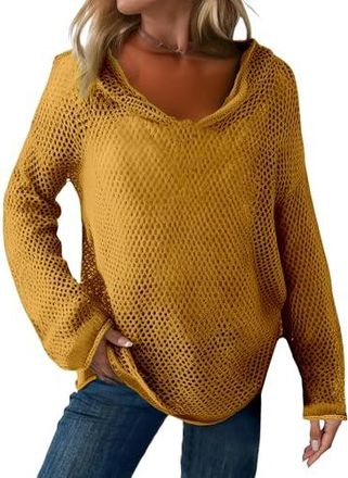 Generic Pull pour femme en crochet ajour&eacute; &agrave; manches longues et &eacute;paules tombantes - Pull &agrave; capuche l&eacute;ger - Coupe ample - Cache-maillot de plage d&eacute;contract&eacute; au 