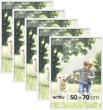 Woltu Bilderrahmen 50x70 cm | Wei&szlig;er MDF Holz Fotorahmen mit Passepartout | 5er Set Holzrahmen mit bruchsicherem Acrylglas | Rahmen zum Aufh&auml;ngen & Aufstell