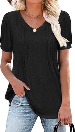 Zeagoo T Shirt Femme Top Femme Ete Tshirt Col V Manches Courtes Haut Uni Blouse Chic et élégant Noir M