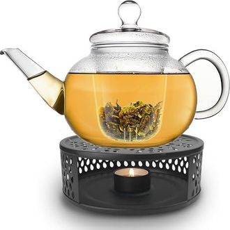 Creano Th&eacute;i&egrave;re en verre de 1,2 l + r&eacute;chaud noir en acier inoxydable - Th&eacute;i&egrave;re en verre avec passoire en verre et couvercle - Id&eacute;ale pour la pr&eacute;paration de th