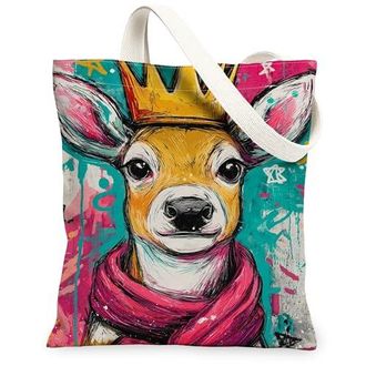 Generic Sac fourre-tout en toile de cerf artistique, motif animal color&eacute;, sac d&eacute;picerie, sac d&eacute;picerie r&eacute;utilisable, vintage, l&eacute;ger et lavable, toile pour voy