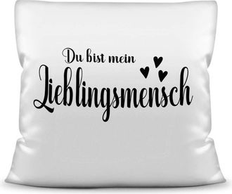Tassendruck Kissen mit Spruch Du bist Mein Lieblingsmensch - Verliebt/Liebe/Geschenk-Idee/Paar/Kissenbezug inkl. Kissenf&uuml;llung/Farbe: Weiss - Polyester