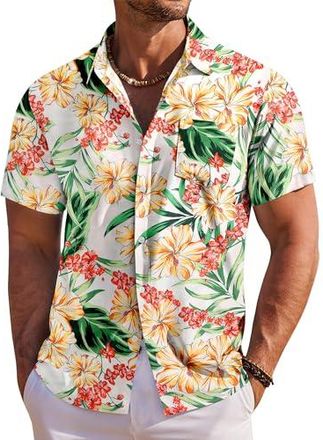 Coofandy Chemise hawa&iuml;enne &agrave; manches courtes pour homme, chemise d&eacute;t&eacute; tropicale pour les vacances et la plage avec poche avant, blanc fleur, 3XL