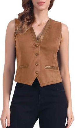 Allegra K Gilet en Faux Daim pour Femme Veste Sans Manches Cowboy &agrave; Col en V Manteaux Boutonn&eacute; Vintage Veste D&eacute;contract&eacute;e Brun fonc&eacute; S
