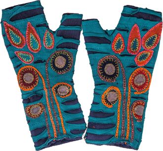 vishes alternative Bekleidung - Bestickte Damen Handschuhe Stulpen mit Daumen Fleece Gef&uuml;ttert t&uuml;rkis