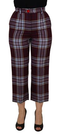 Dolce & Gabbana Womens Plaid Wool Trousers Burgundy Cotton Elastane