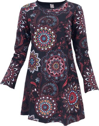 Guru Shop Besticktes Boho Chic Minikleid, Tunika mit Farbenfrohen Blüten - Schwarz/rot, Damen, Baumwolle, Size:S