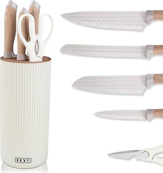 Plys Set de Couteaux Professionnels : Ensemble de 6 Pièces, Comprenant 2 Couteaux de Cuisine, 1 Couteau à Pain, 1 Paire de Ciseaux et Un Bloc de Couteaux U