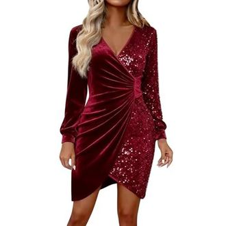 Generic Robe de f&ecirc;te pour femme en velours dor&eacute; avec paillettes - Manches longues - Tendance et sexy - Robe d&eacute;t&eacute; courte moulante, Bordeaux, 3XL