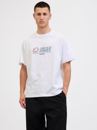 Jack & Jones T-Shirt JACK & JONES JCOTIER FRONT PRINT TEE SS CREW NECK, Herren, Gr. L, wei&szlig; (hellwei&szlig;), Jersey, Obermaterial: 100% Baumwolle, bedruckt, relaxed fit