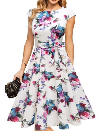 Dresstells Cocktailkleid Damen Festliche Kleider 1950er Knielang Rockabilly Hochzeitkleid Vintage Silvester Outfit Swing Elegante Weihnachtskleid White Flower 2X