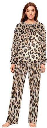 HMZXZ Ensemble de pyjama 2 pièces en flanelle à motif léopard pour femme - Haut à manches longues et pantalon - Vêtement de nuit - Imprimé léopard, multicol