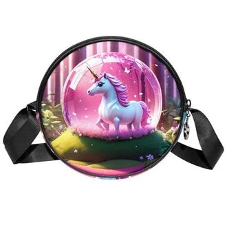 Generic Sac &agrave; bandouli&egrave;re rond pour femme, motif licorne et boule de cristal, petit sac &agrave; bandouli&egrave;re avec fermeture &eacute;clair, bretelles r&eacute;glables, sac &agrave; main r