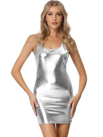 Allegra K Mini Robe M&eacute;tallique Femme Holographique &agrave; Bretelles Spaghetti Dos Nu Robe de Club Robe Disco Scintillante Argent L
