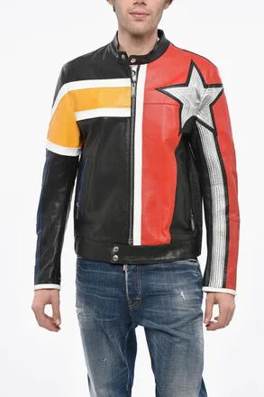 Dsquared2 CATEN Leather Motorbiker Jacket with Metallic Leather Detail Dsquared2