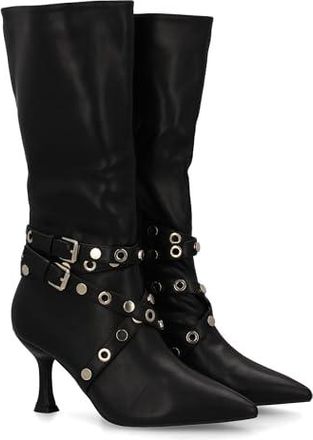 Shoes & Blues Botte haute pour femme avec talon fin, avec double boucle et détail clouté et oeillets métalliques. Fermeture à glissière, pointe fine et imprimé uni,