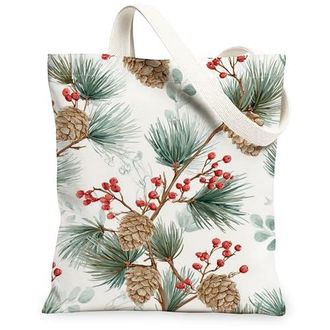 Generic Sacs fourre-tout en toile de pin dhiver, motif nature rustique, réutilisables, légers et lavables avec bandoulière pour voyage, plage, pique-nique, 33