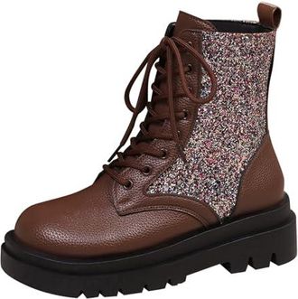 Generic Bottines Femme à Paillettes Tendances Lacets Bout Rond Bottes Courtes Semelle Plateforme Antidérapante Légères Style Britannique Boots Chaussures Femm