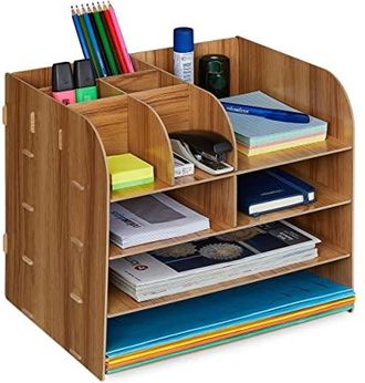 Relaxdays Schreibtisch Organizer mit Dokumentenablage, 10 Fächer, HBT: 27,5 x 32,5 x 25 cm, Büroorganizer, dunkelbraun