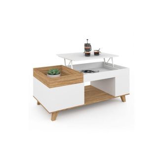 IDMarket Rechteckiger Couchtisch mit aufklappbarer Platte und abnehmbarer Platte mit Truhe lola Holz und Weiß