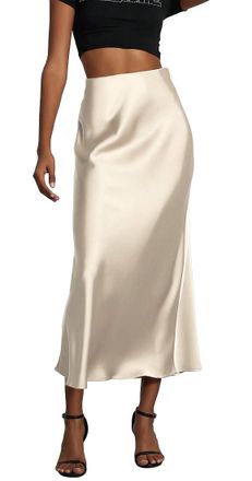 OLIPHEE Langer Satin Rock Damen Hohe Taille mit Elastischem Bund Einfarbig R&ouml;cke Damen Elegant Business A Linien Maxi Skirt Frauen Kleider Beige XS