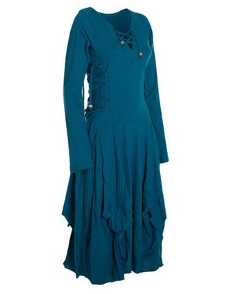 vishes Midikleid Langes Langarm Bio Ballonkleid einfarbig mit Schn&uuml;rung V-Ausschnitt Hippie, Elfen, Festag, Style