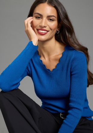 Laura Scott V-Ausschnitt-Pullover LAURA SCOTT, Damen, Gr. 34, blau (royalblau), Rippstrick, Obermaterial: 70% Viskose, 30% Polyamid, clean, unifarben, sehr figurb