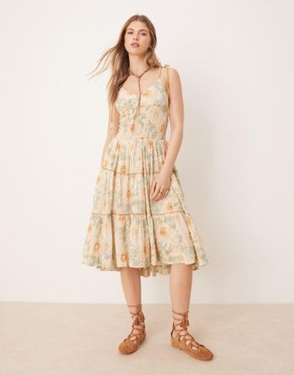 Free People Adriel - Robe longueur genou à imprimé fleuri et bretelles fines - Ivoire-Blanc