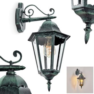 HOFSTEIN Außenwandleuchte Hongkong, Wandlampe abwärts in antikem Look aus Metall/Glas in Schwarz-Grün/Klar, Wandleuchte im Retro/Vintage Design, Außenleuchte f