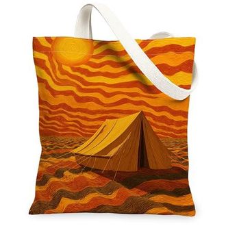 Generic Sacs fourre-tout vintage en toile artistique, motif tente r&eacute;tro, sacs d&eacute;picerie r&eacute;utilisables, l&eacute;gers et lavables avec bandouli&egrave;re, Orange, 13x15 Inch