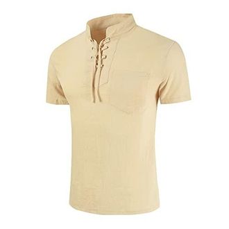 Generic Chemise en coton et lin pour homme - Chemisier dentra&icirc;nement pour homme - Haut d&eacute;t&eacute; &agrave; manches courtes - T-shirt en coton et cravate - Couleur pure - L