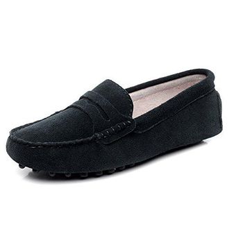 Jamron Femmes Classique Daim Penny Loafers Confortable Fait Main Pantoufle Mocassins Noir 24208 EU38.5