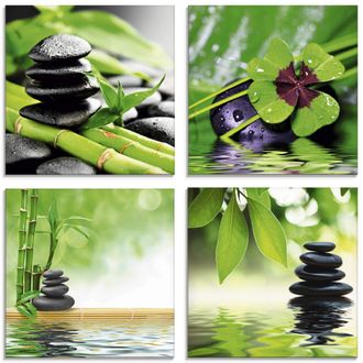 Artland ARTland Wanddeko Glasbilder Wandbild Glas Bild Set 4 teilig je 40x40 cm Quadratisch Asien Wellness Zen Steine Kleeblatt Pyramide Wasser Enstpannung S6